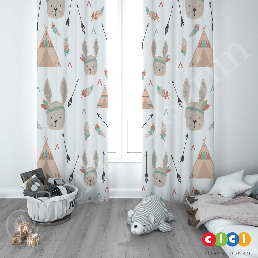 Rabbit Curtain, İndiana Curtain, Baby Boy and Girl Kids Room Curtain ...