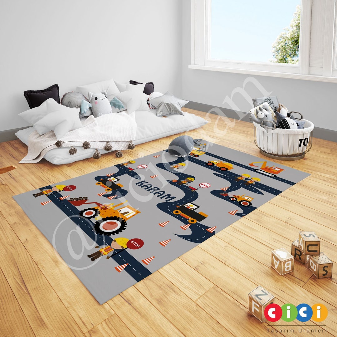 Construction Rug, Construction Trucks, Baby Boy and Girl Kids Room Rug ...