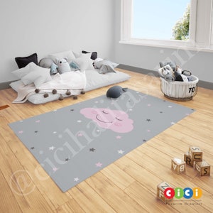 Pink Cloud Rug, Stars Rug, Baby Boy and Girl Kids Room Rug, Nursery ...