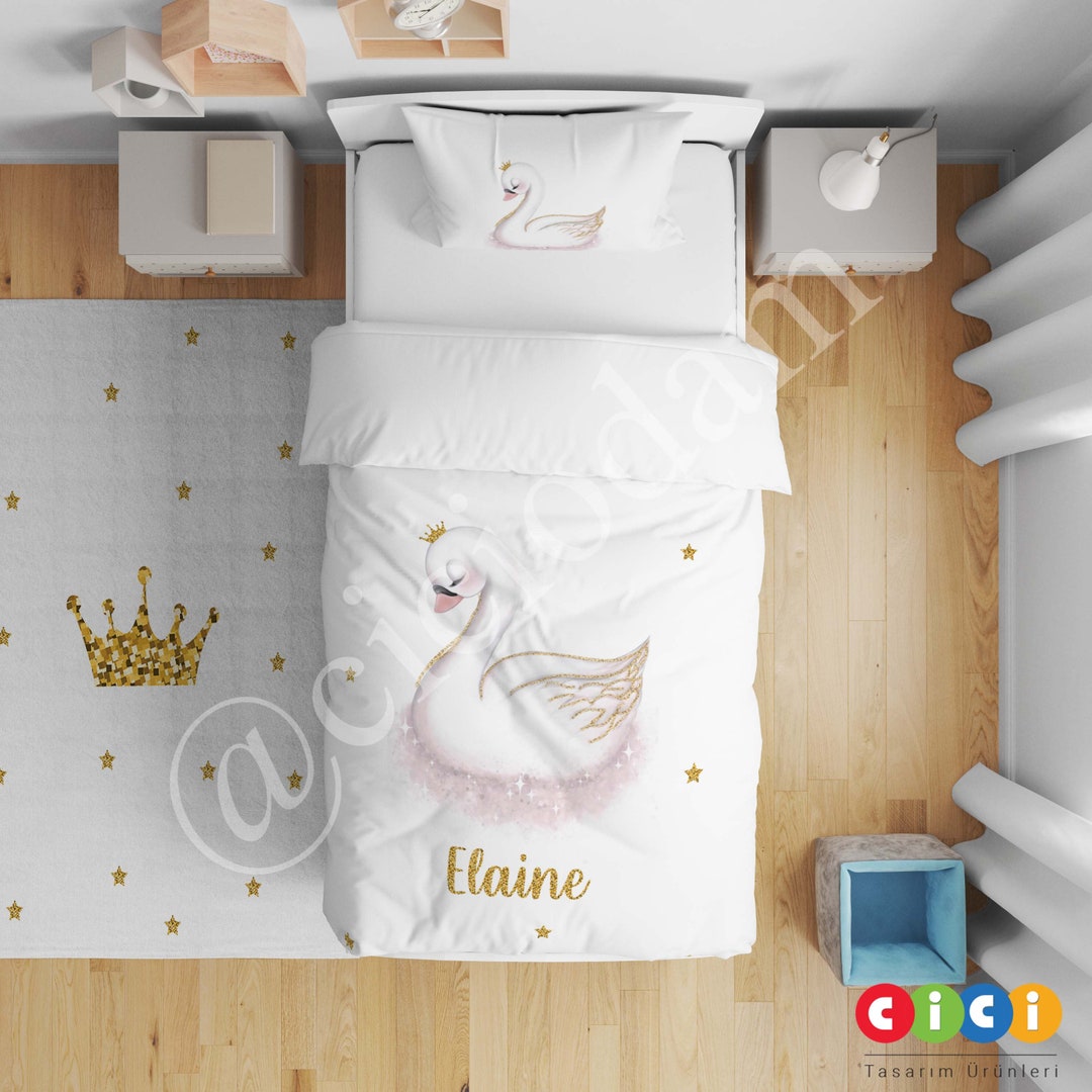 Swan Linens Set, Baby Girl Kids Room Bedding Set, Nursery Room Duvet ...