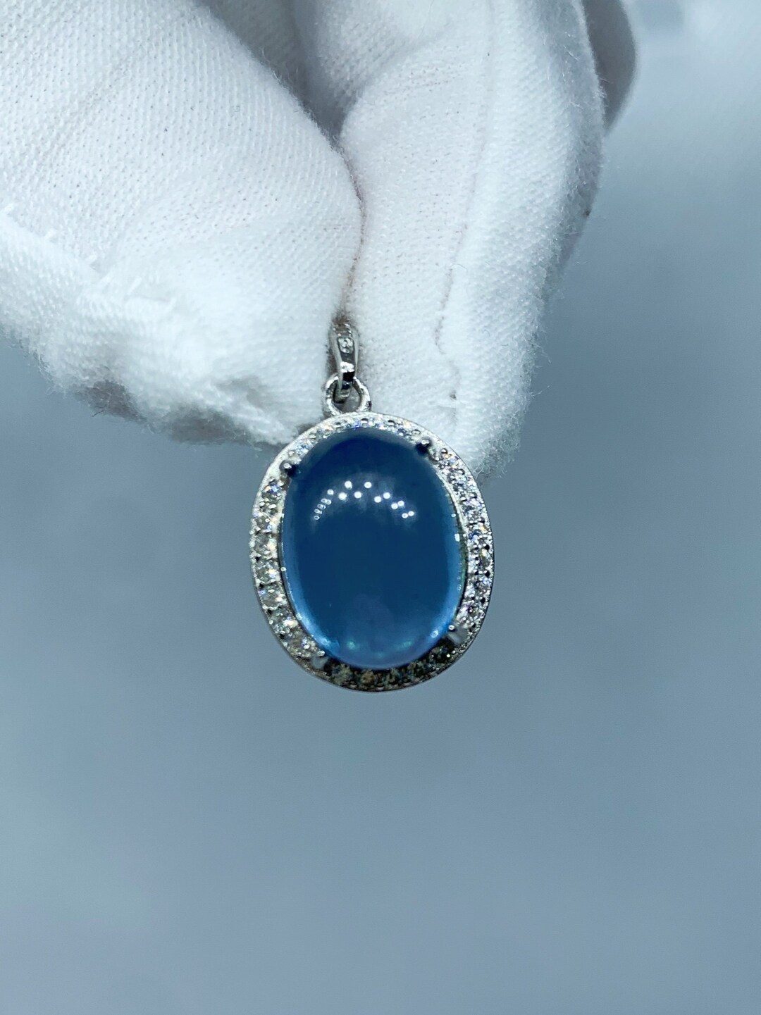 8x12x7mm Oval Ghost Blue Ice Neon Aquamarine Cubic Zircon Halo Ring ...