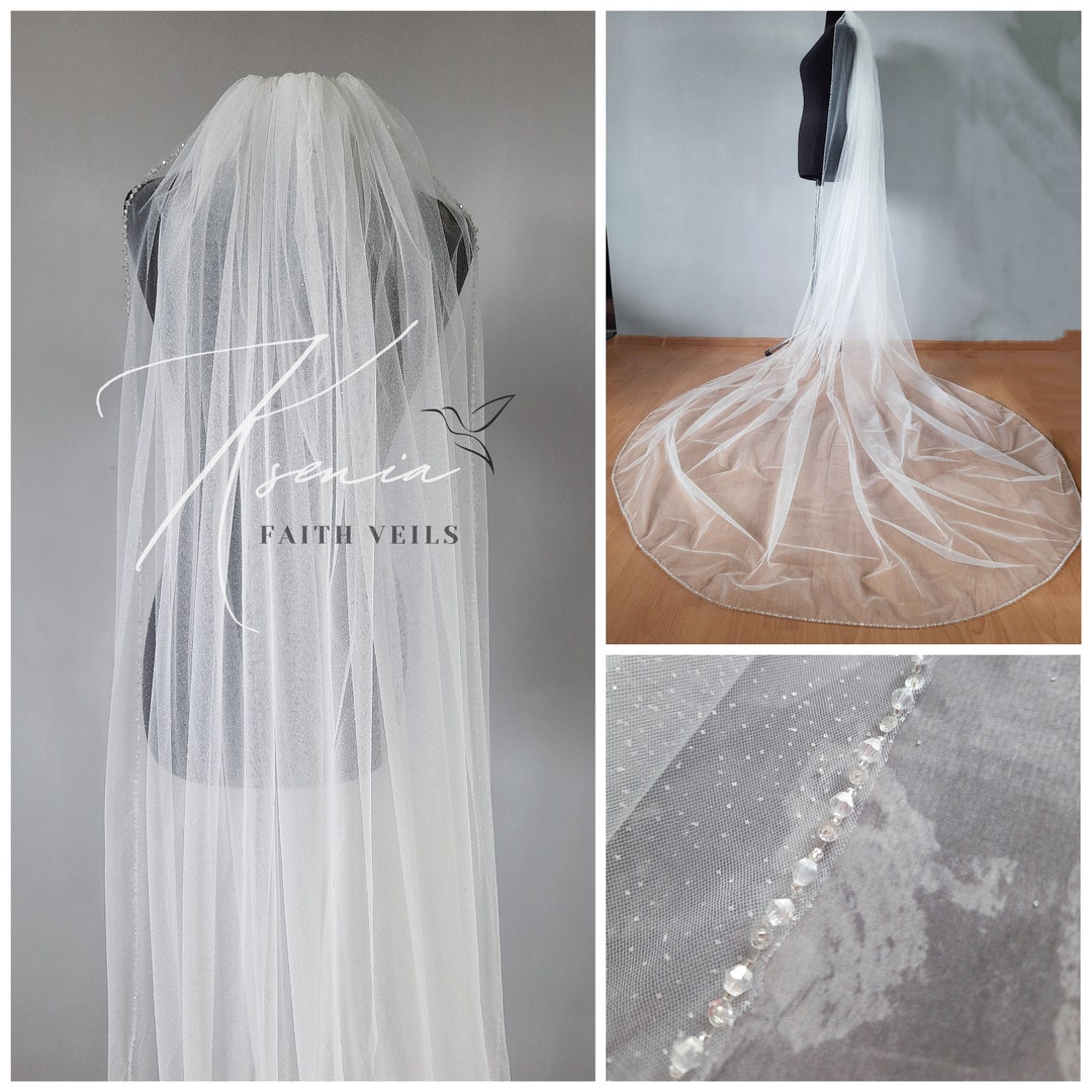 Glitter Veil With сrystals Wide Sparkly Veil One Tier Cathedral Veil ...