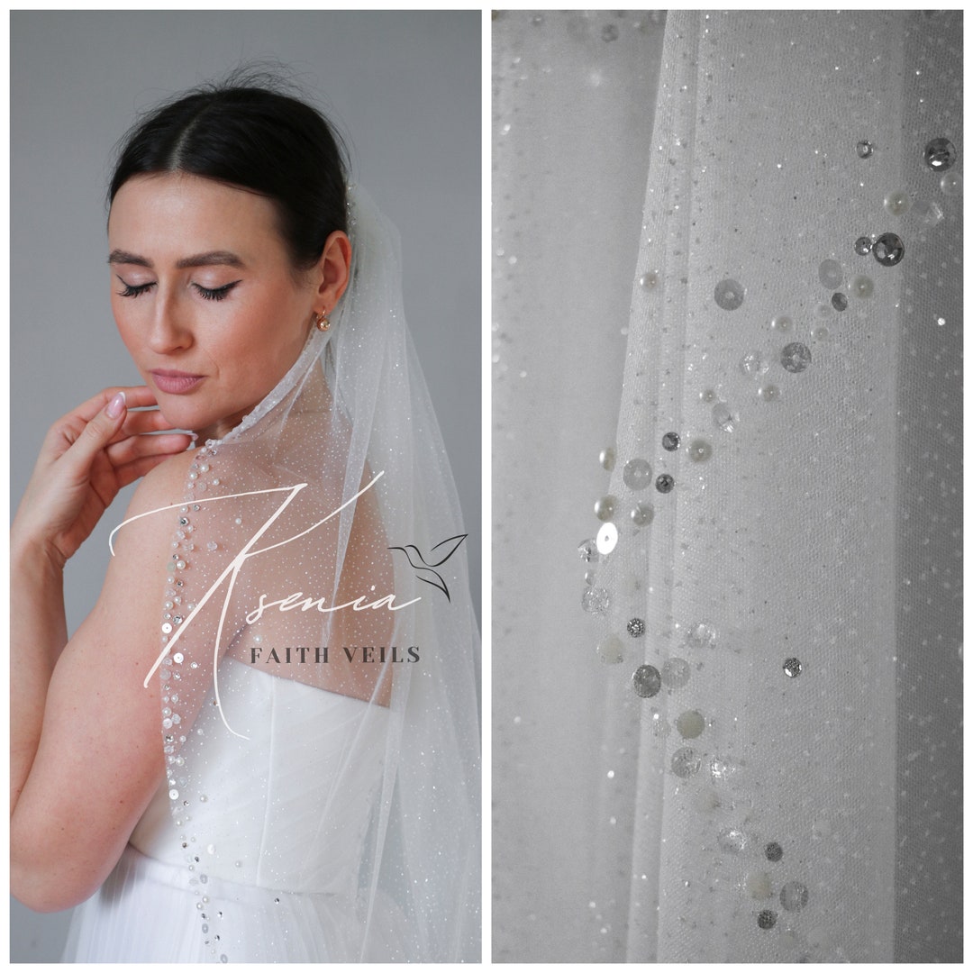 One Tier Glitter Veil With Scattered Pearls, Rhinestones, Crystals ...