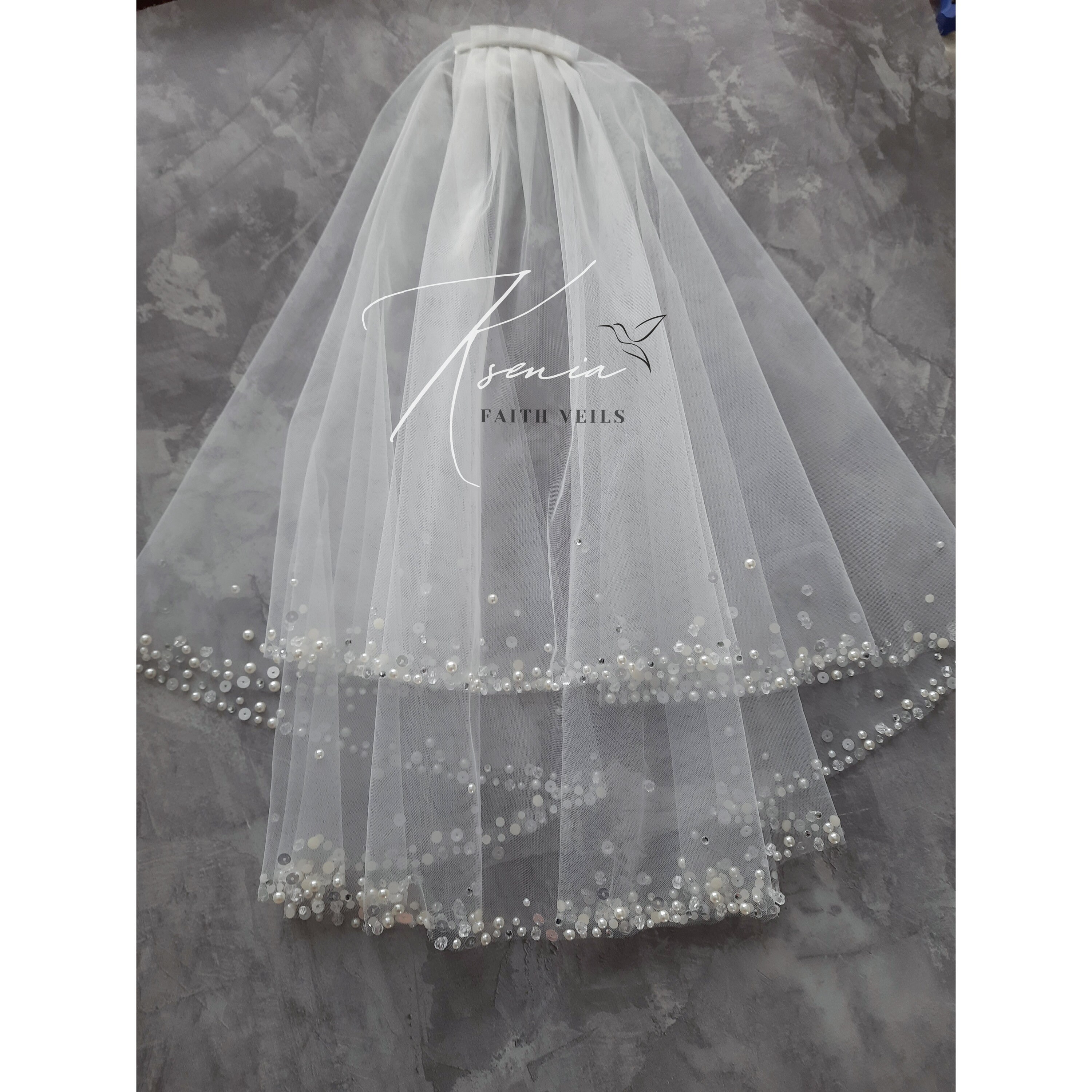Short Wedding Veil With Pearls, Crystals, Rhinestones, Sequins Two Tier ...