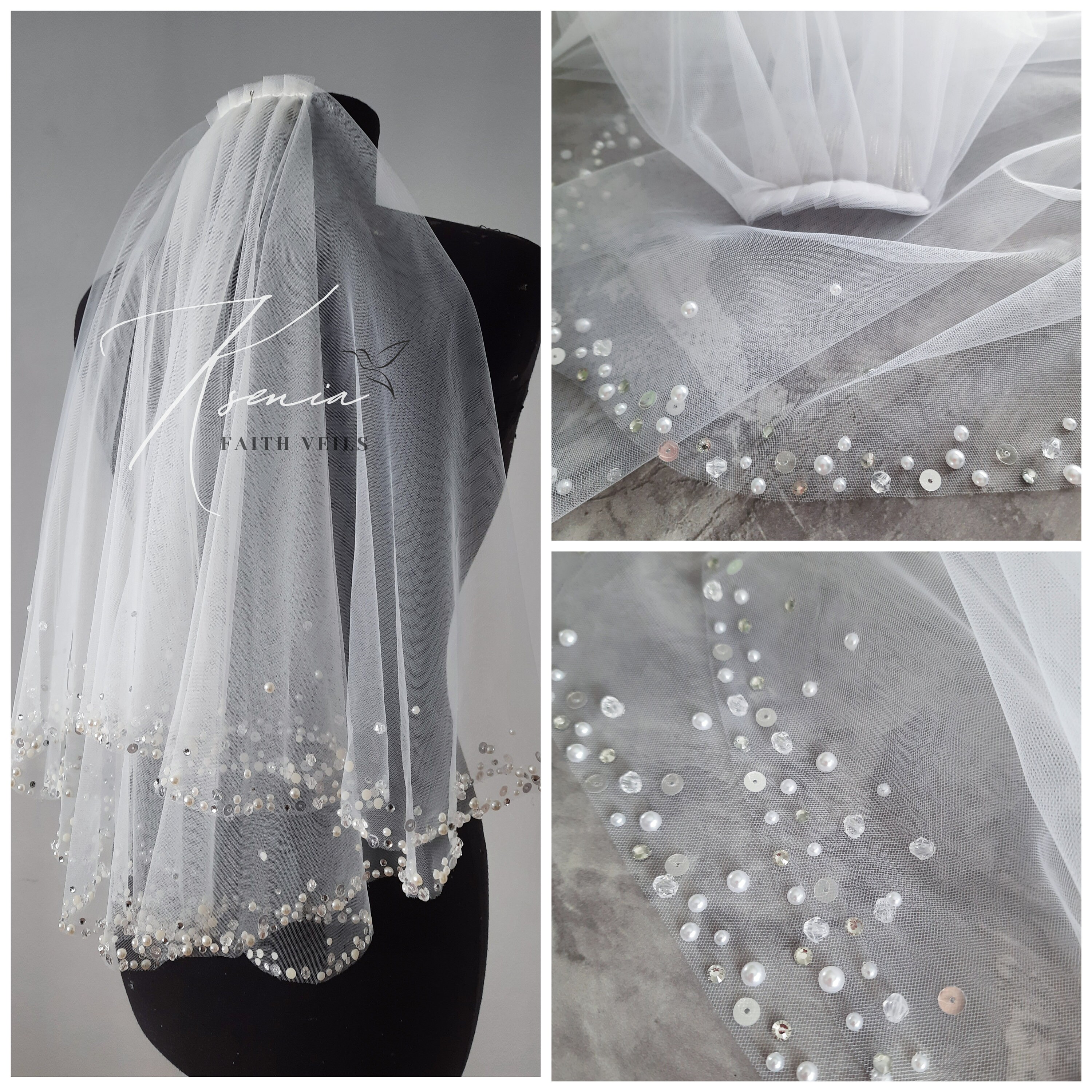 Short Wedding Veil With Pearls, Crystals, Rhinestones, Sequins Two Tier ...