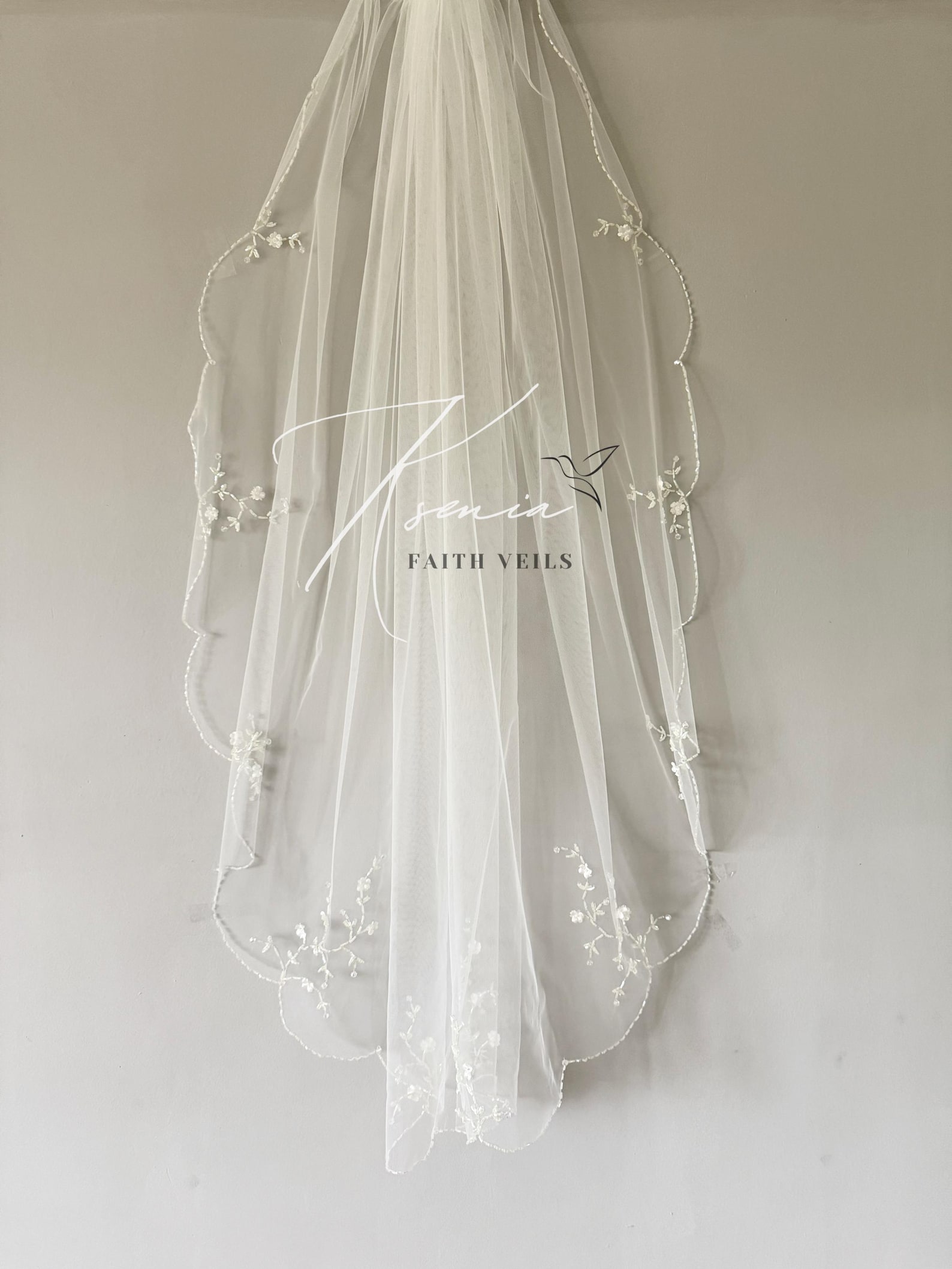 Floral Veil With Beads Vintage Veil Scalloped Edge Veil One Tier Veil ...
