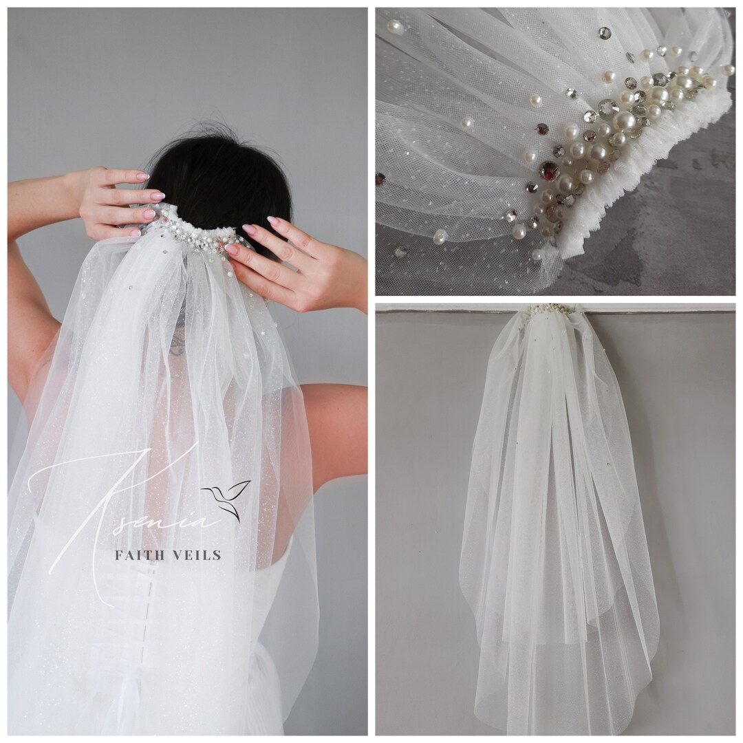 Two Tier Glitter Veil With Rhinestones and Pearls Sparkle Fingertip ...