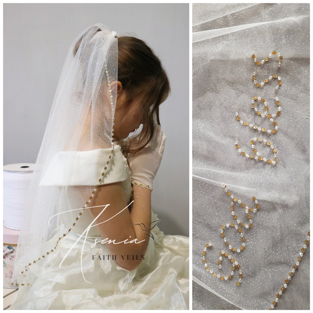 First Communion Sparkly Veil Handmade Communion Veil With Gold Beads ...