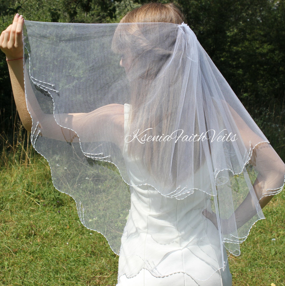Veil With Beading Edge and Crystals Two Tiers Handmade Veil - Etsy