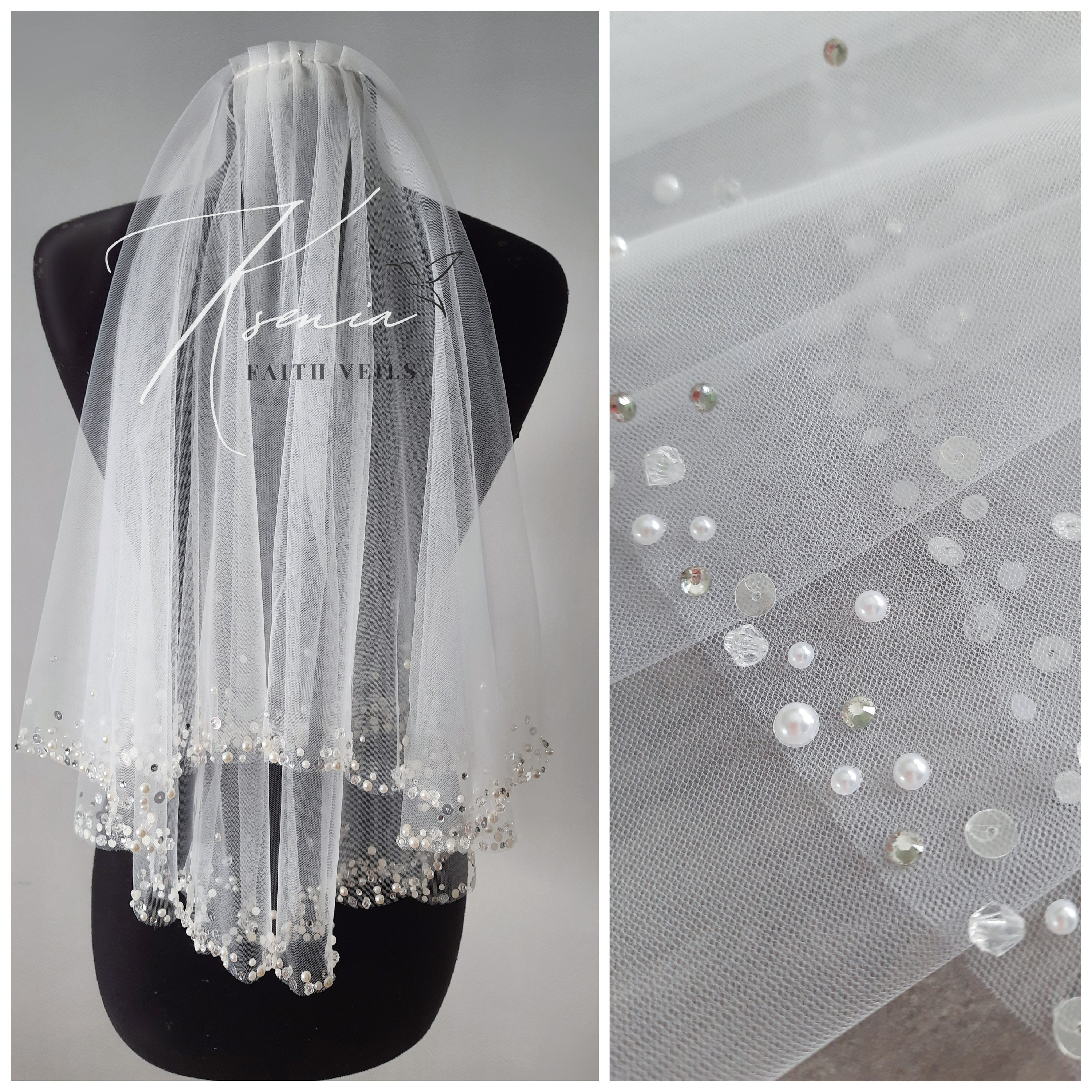 Short Wedding Veil With Pearls, Crystals, Rhinestones, Sequins Two Tier ...
