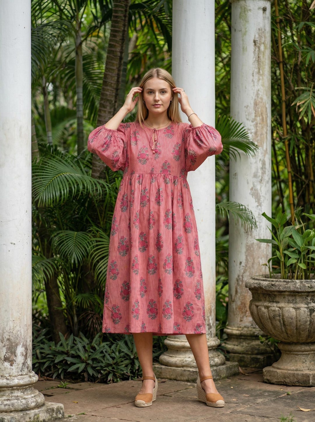 Red Stripe and Pink Floral Hand Block Print Cotton Kyra Style Midi ...
