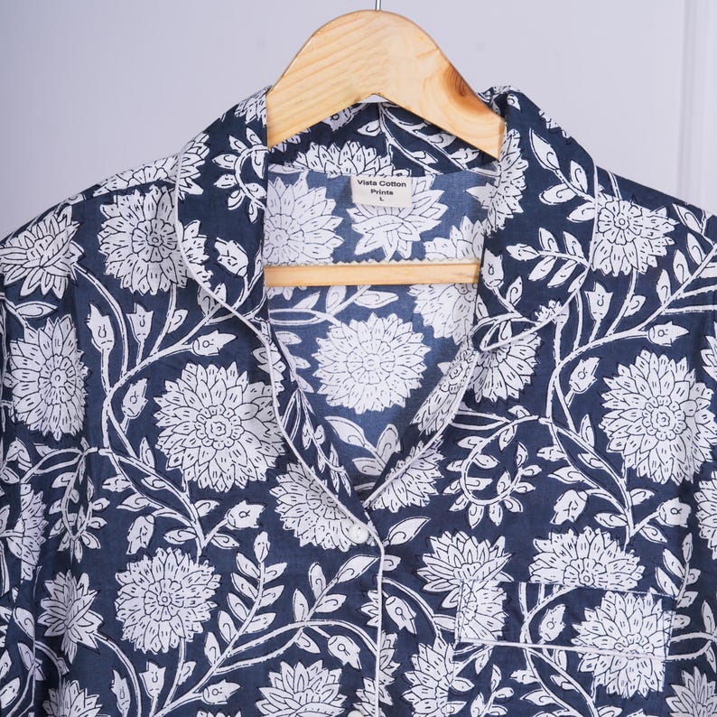 Blue Floral Block Print Cotton Pajama Set: Bohemian Sleepwear Nightwear ...