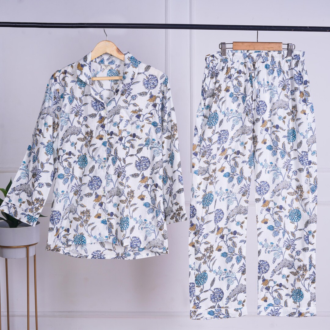 White Floral Block Print Cotton Pajama Set: Bohemian Sleepwear ...