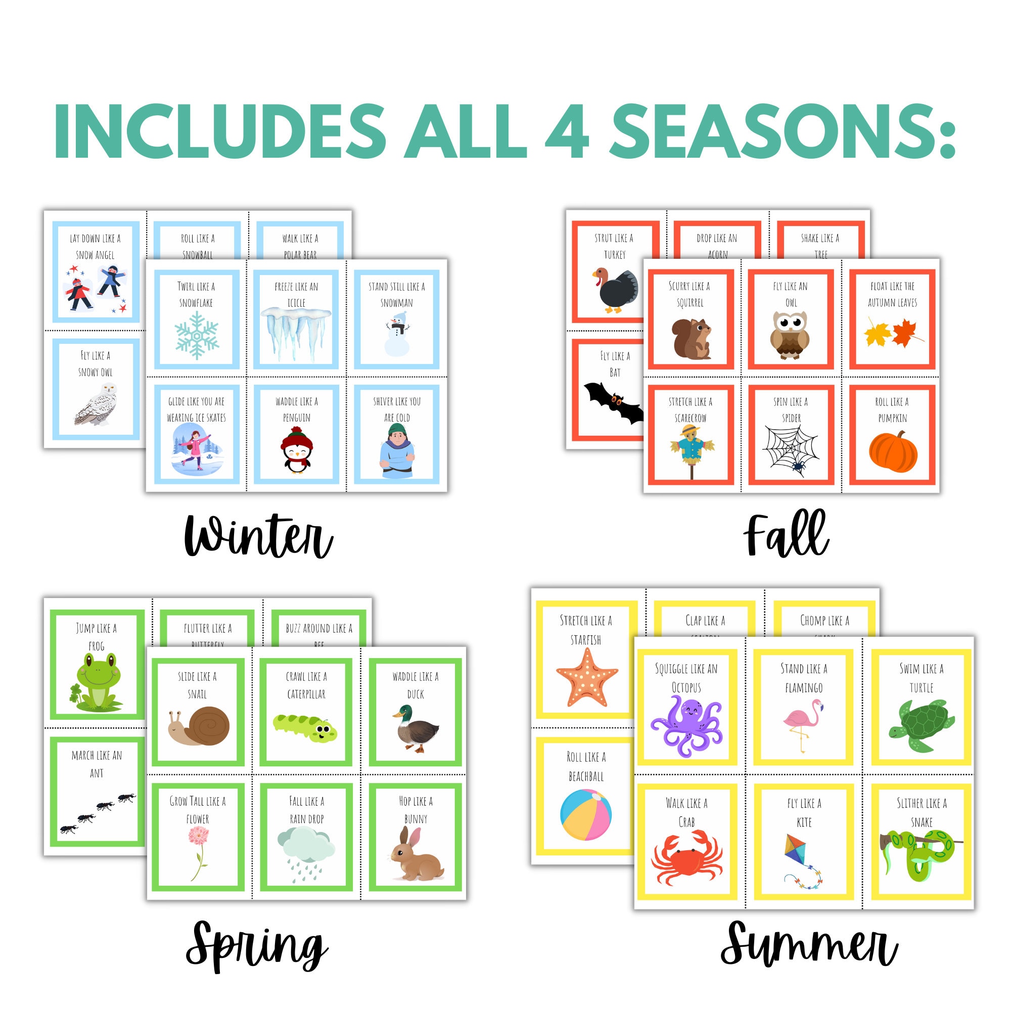 Seasonal Movement Cards, Printable Action Flashcards for Kids, Toddlers ...