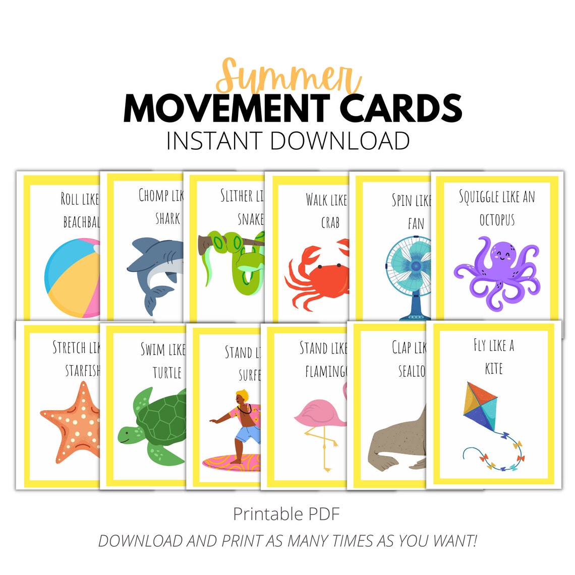 Summer Movement Cards, Printable Action Flashcards for Kids, Toddlers ...