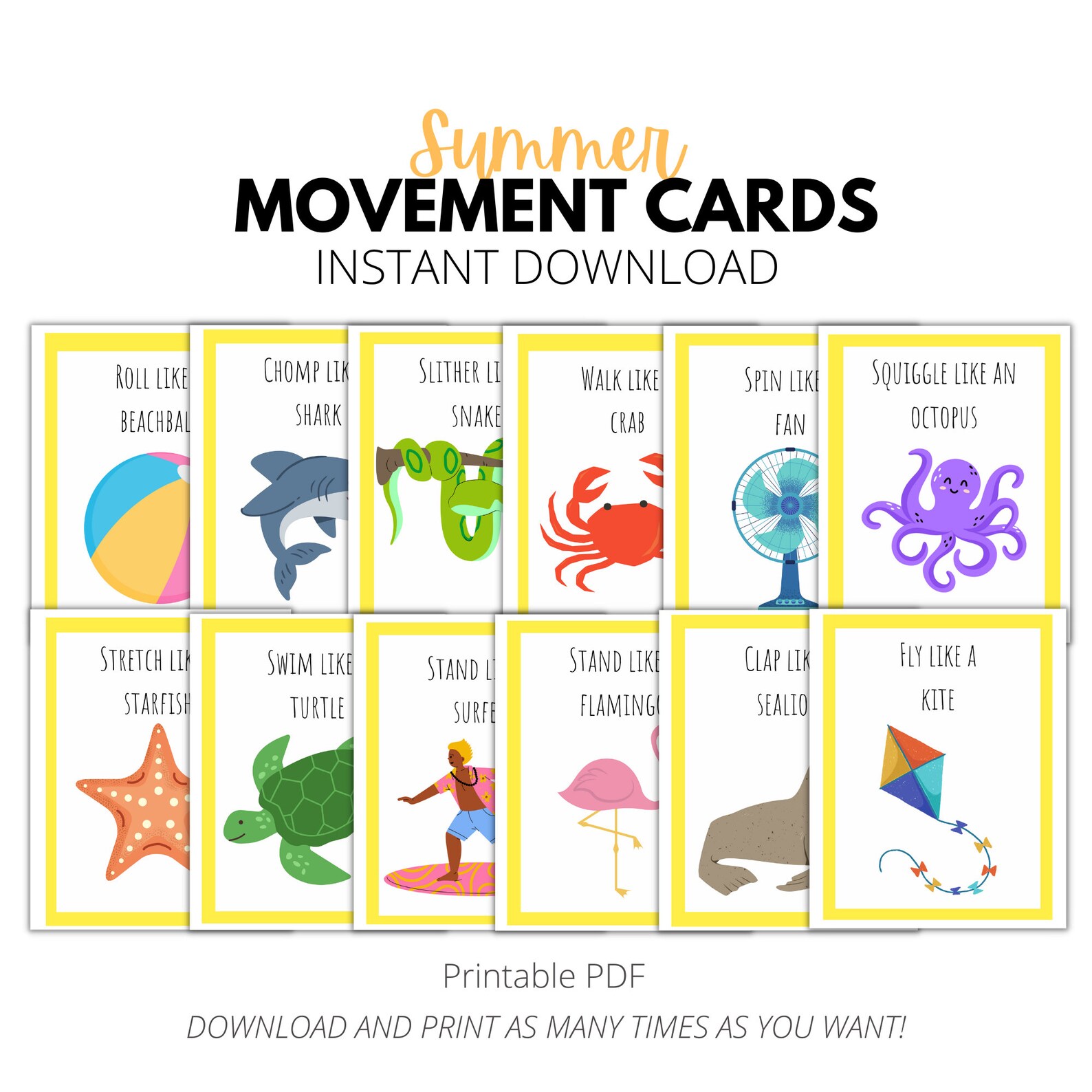 Summer Movement Cards, Printable Action Flashcards for Kids, Toddlers ...