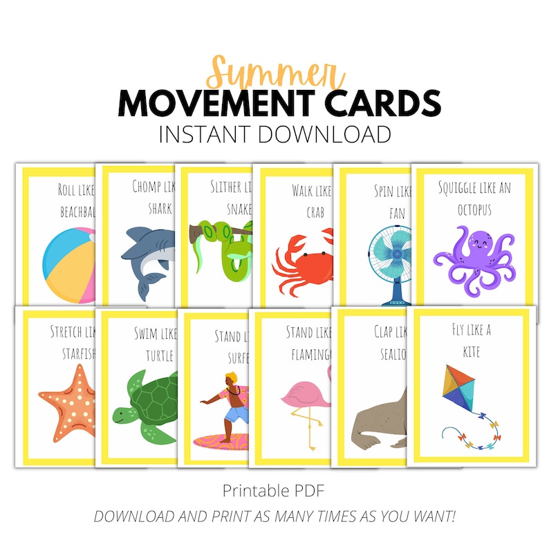 Summer Movement Cards, Printable Action Flashcards for Kids, Toddlers ...