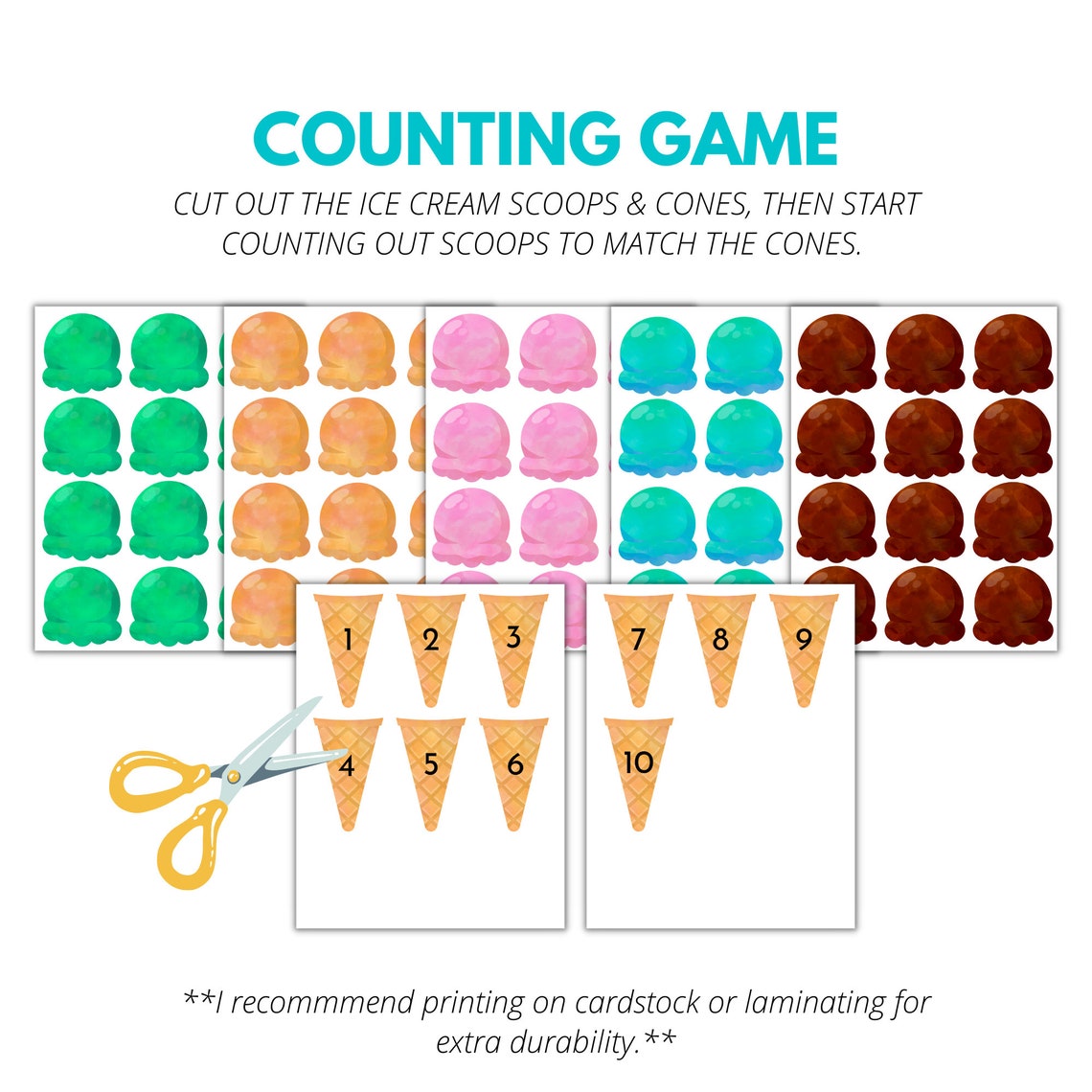 Printable Counting Activity, Summer Math Ice Cream Cone Game for ...
