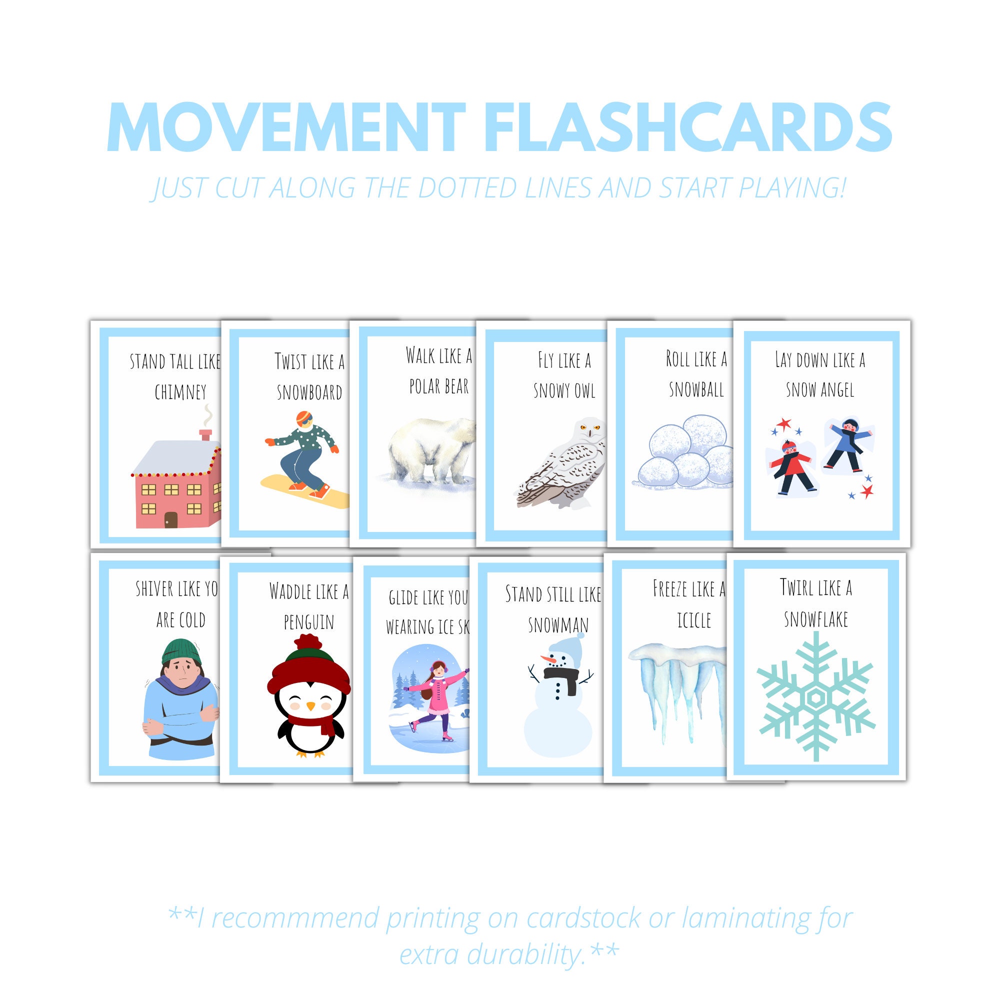 Winter Movement Cards, Printable Action Flashcards for Kids, Toddlers ...