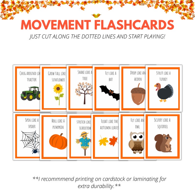 Fall Movement Cards, Printable Action Flashcards for Kids, Toddlers ...