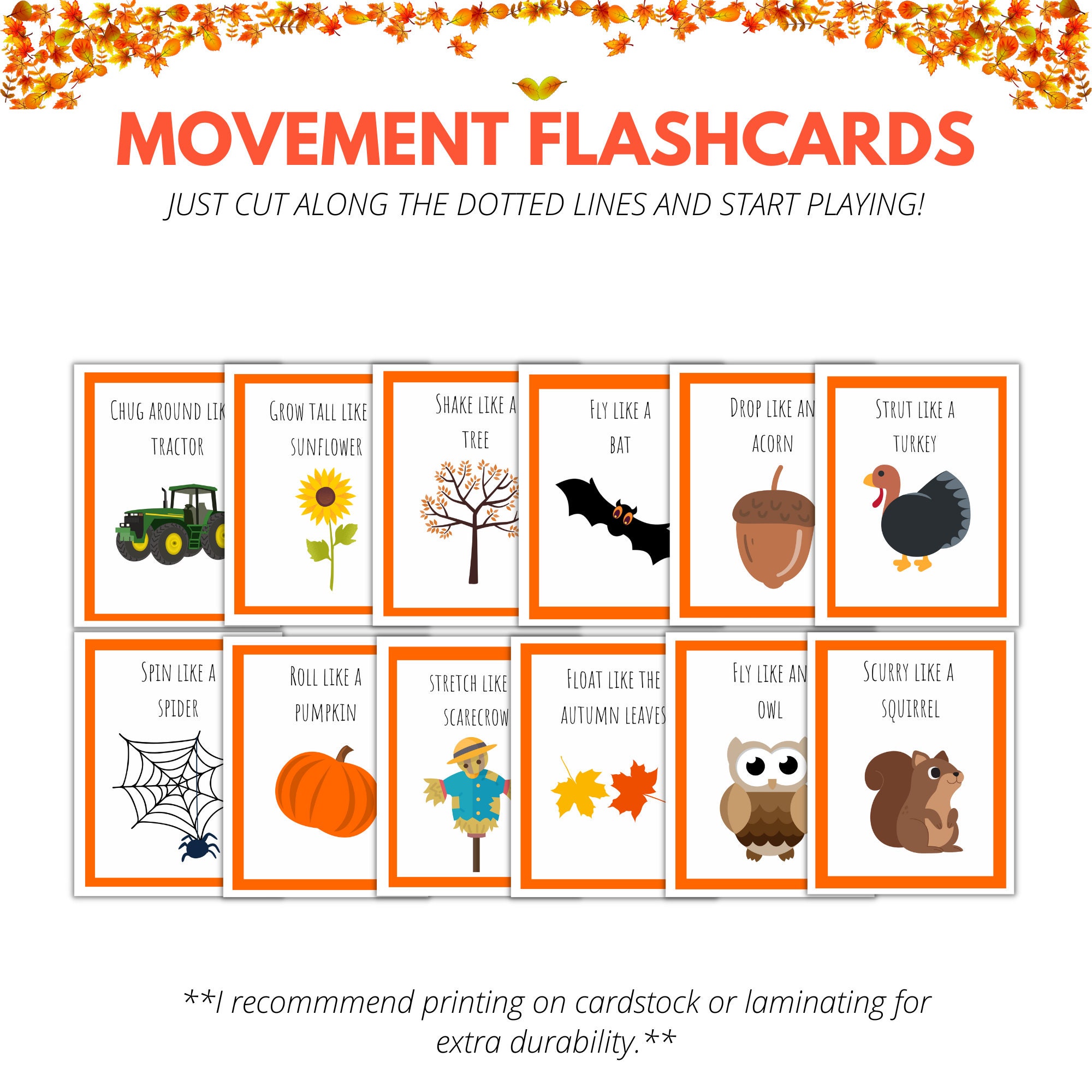 Fall Movement Cards, Printable Action Flashcards for Kids, Toddlers ...