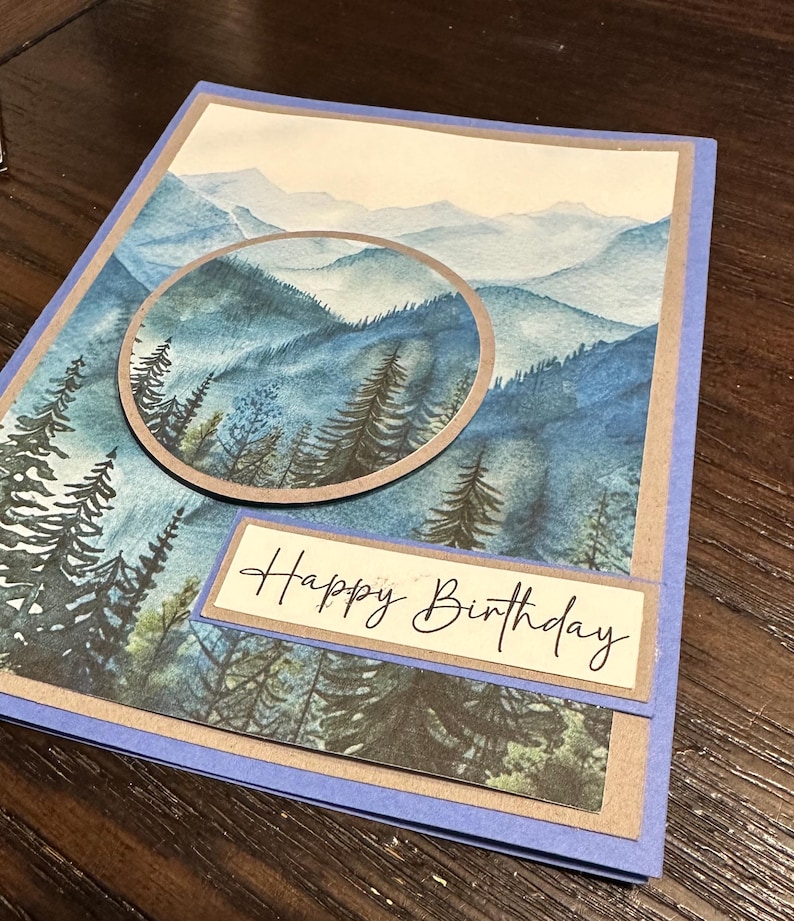 Hand Crafted Birthday Card, Dimensional, Mountain Scene, Green Trees ...