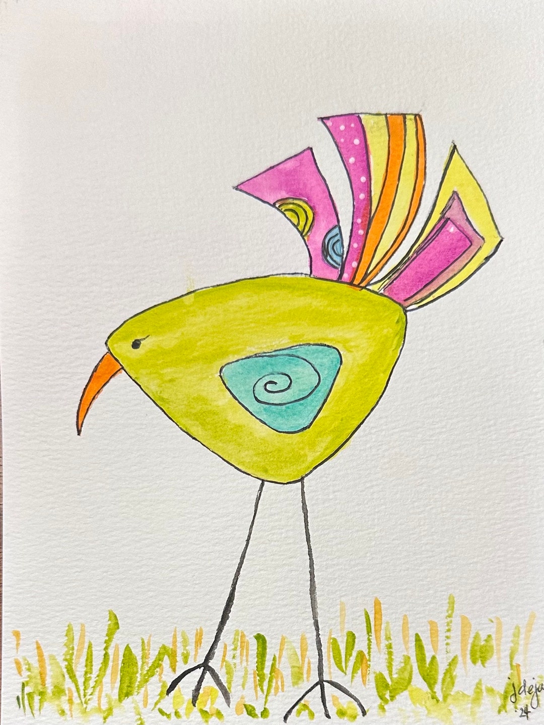 Original Watercolor Art. Funky Bird! Fun Feathers! Home Decor. Nature ...