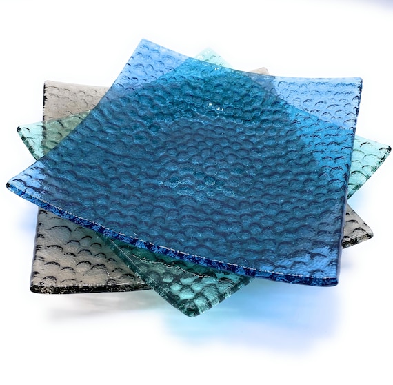 Square Glass Plate With Bubble Design. Recycled Glass Plates | Etsy