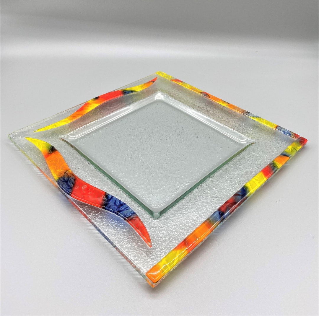 Square Glass Plate. Coloured Glass Plate. Recycled Glass Plate. Dessert ...