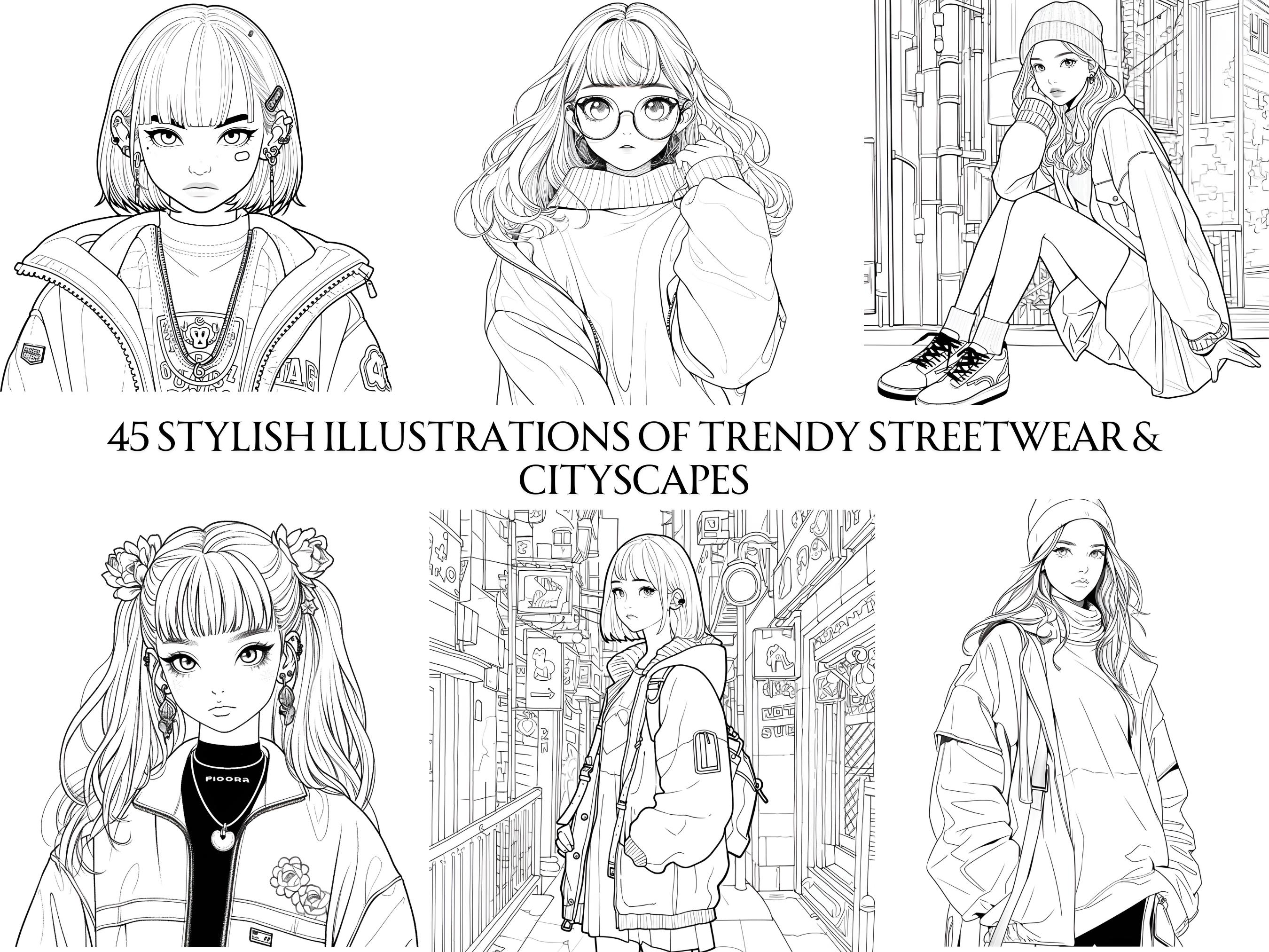 45 Street Girl Coloring Pages, Urban Fashion Printable Art for Adults ...