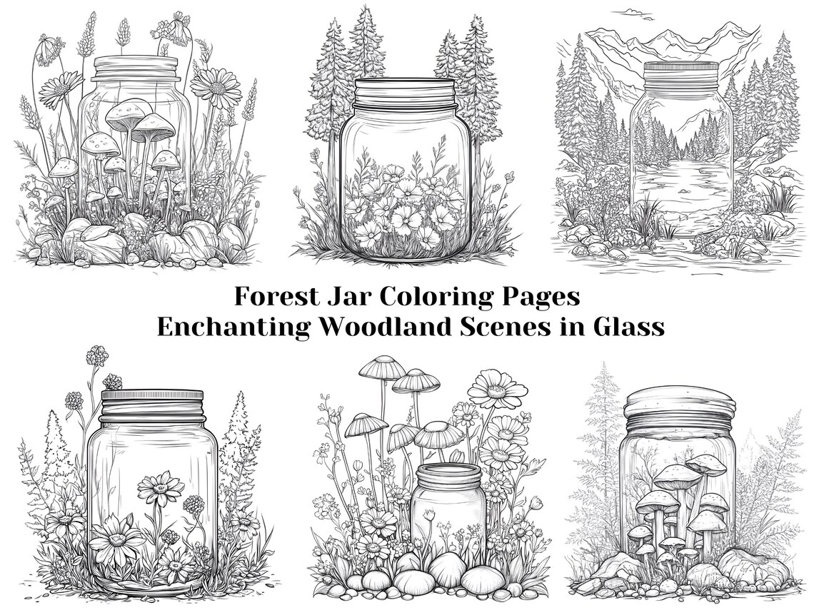 44 Forest Jar Coloring Pages, Woodland Nature Art, Printable Mason Jar ...