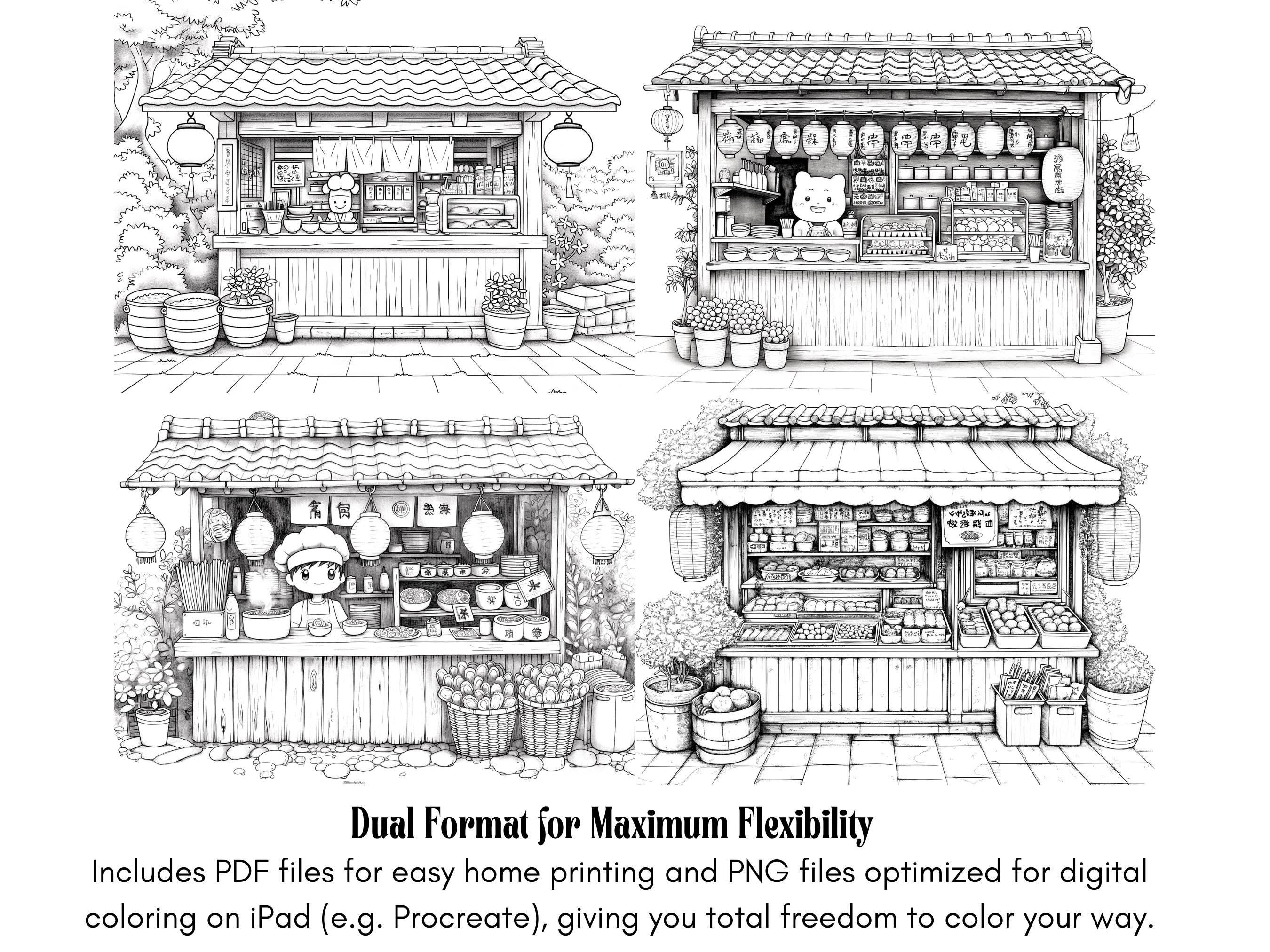 20 Japanese Food Stall Adult Coloring Pages, PDF + PNG for Ipad, Cozy ...