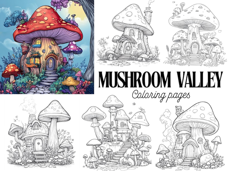 44 Mushroom Valley Coloring Book, Whimsical Cottage Art, Fantasy Fairy ...