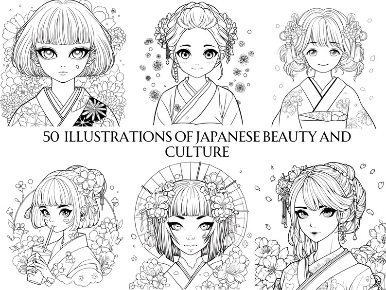 50 Japanese Girl Coloring Pages, Geisha Art Printable, Kawaii Kimono ...