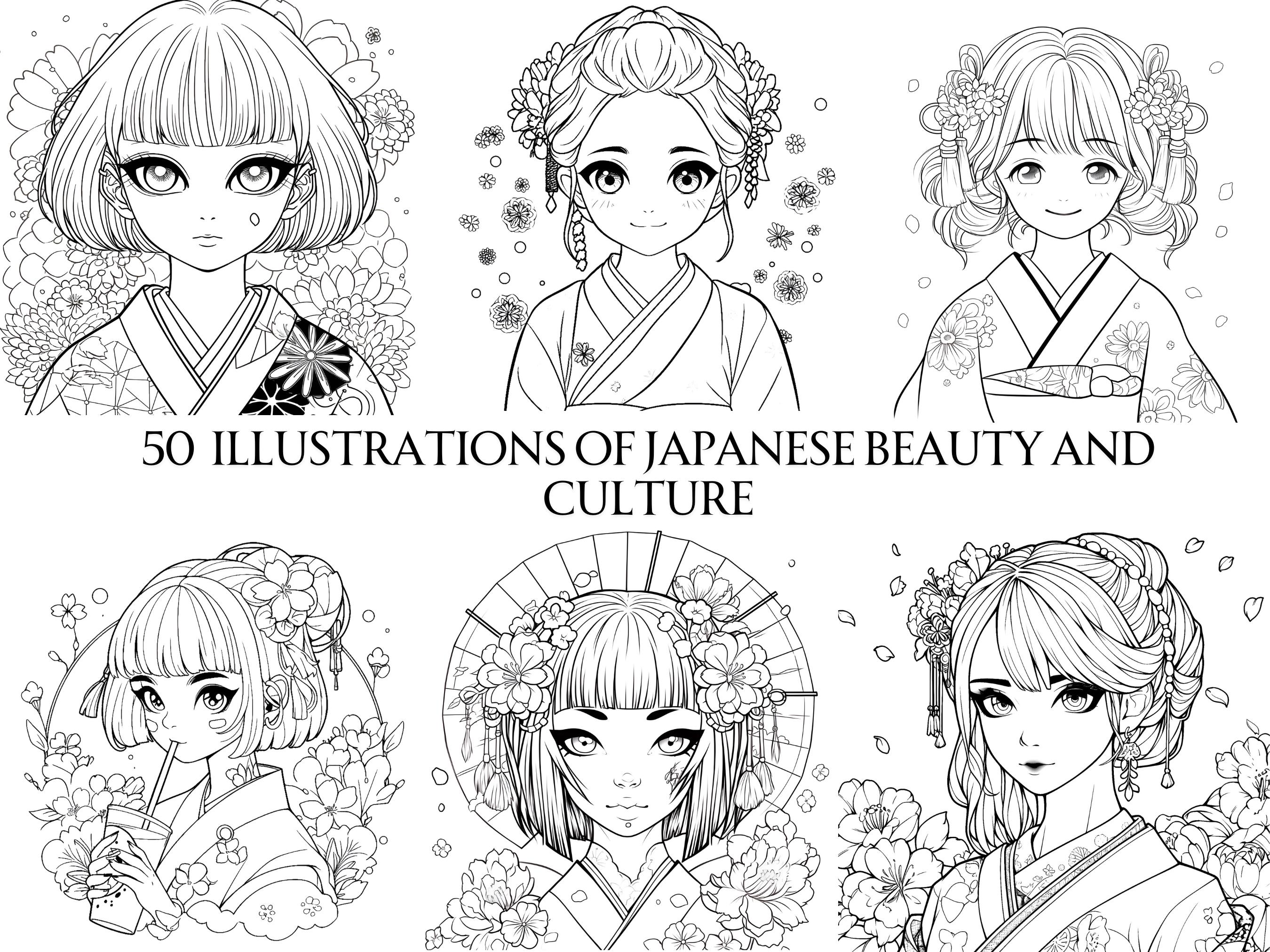 50 Japanese Girl Coloring Pages, Geisha Art Printable, Kawaii Kimono ...