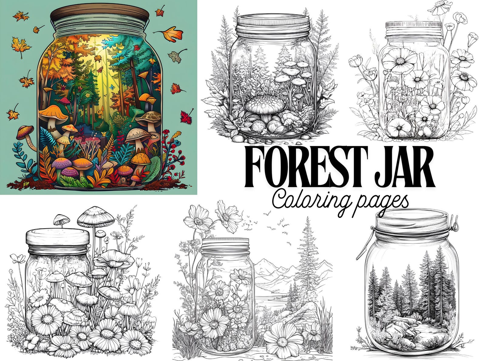 44 Forest Jar Coloring Pages, Woodland Nature Art, Printable Mason Jar ...