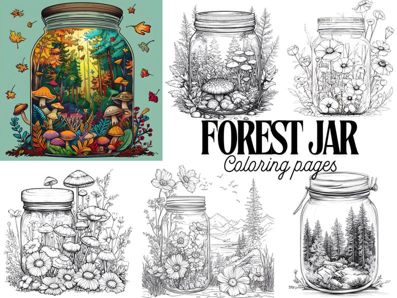 44 Forest Jar Coloring Pages, Woodland Nature Art, Printable Mason Jar ...