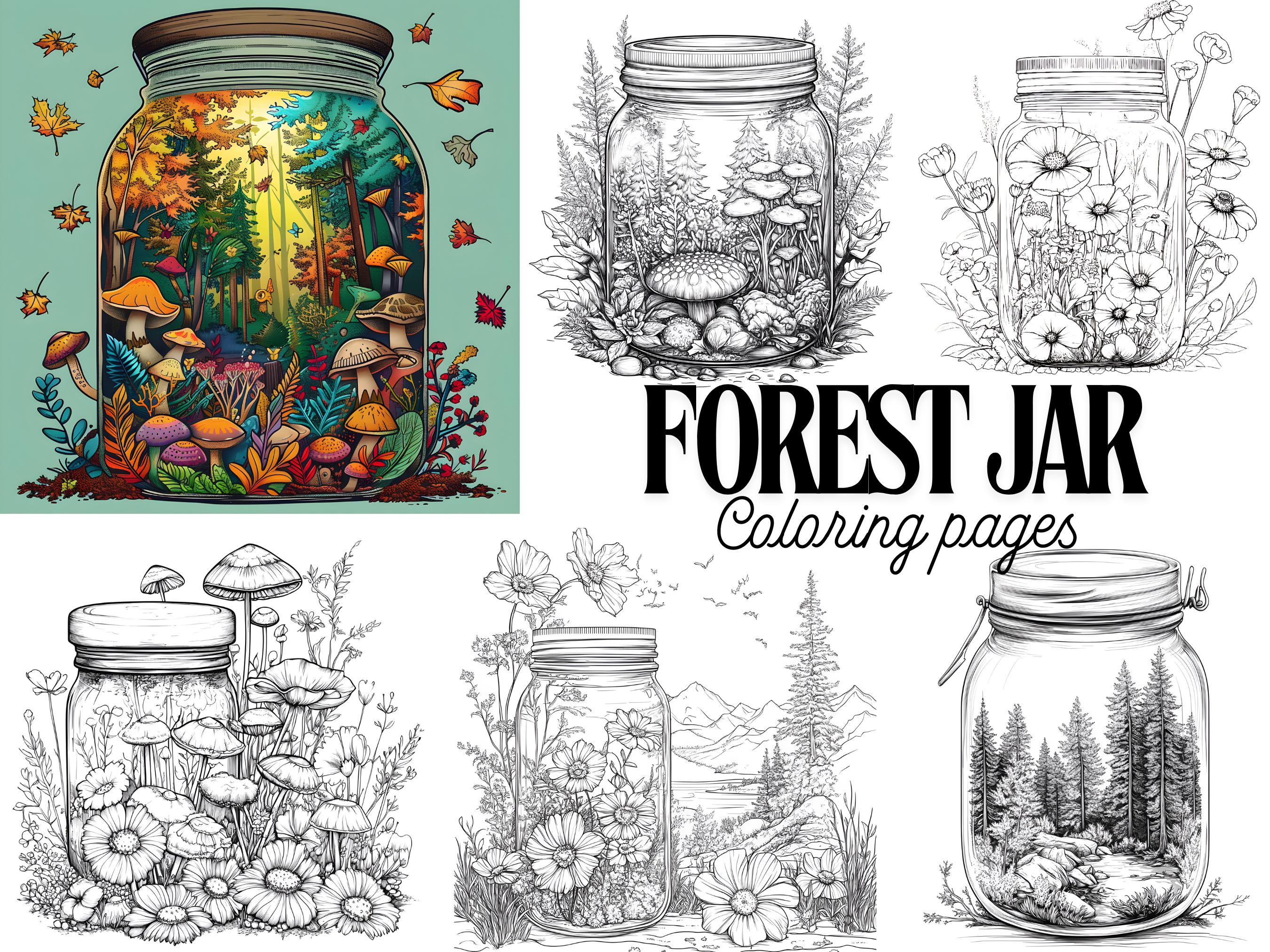 44 Forest Jar Coloring Pages, Woodland Nature Art, Printable Mason Jar ...