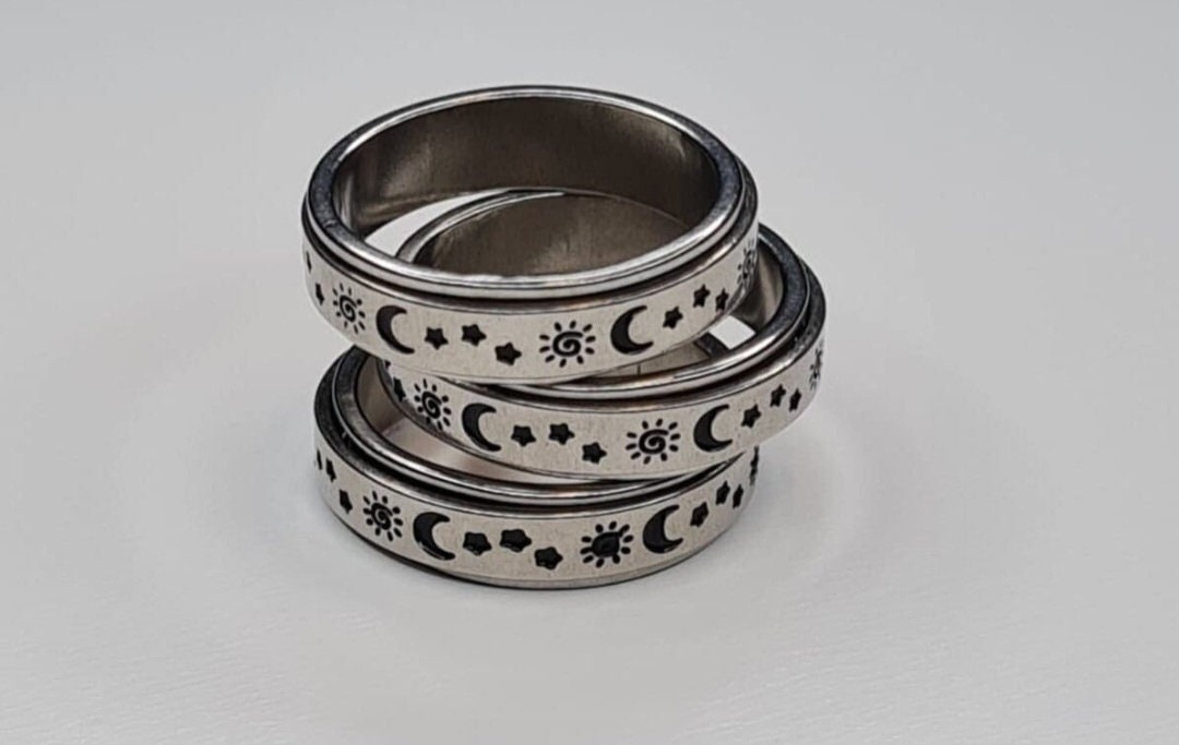 Spinning Ring Moon Stars & Sun, Fidget Ring, Silver Thumb Ring, Fiddle ...