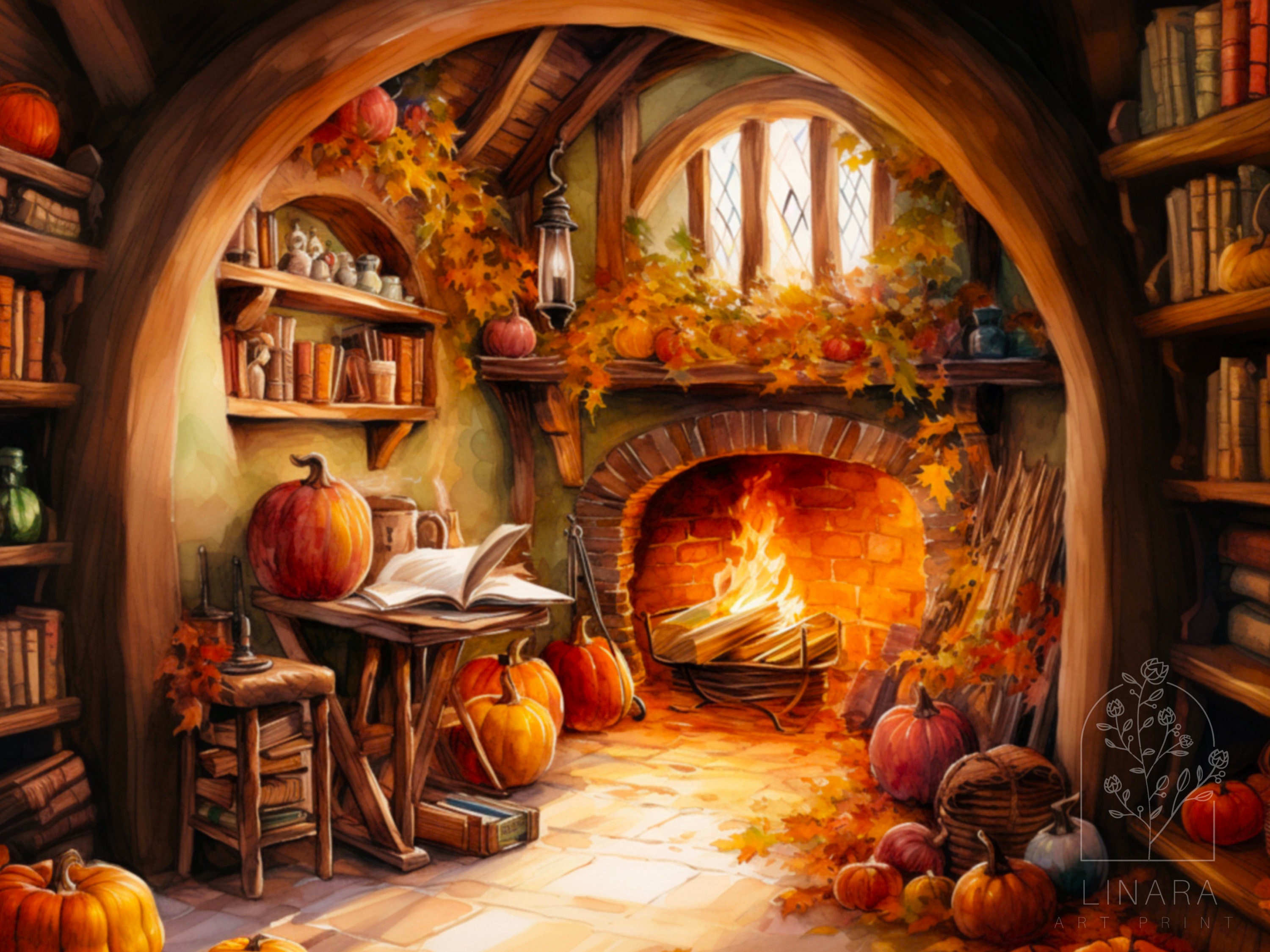 Autumn Hobbit Hole PRINTABLE Watercolor Artwork Digital - Etsy