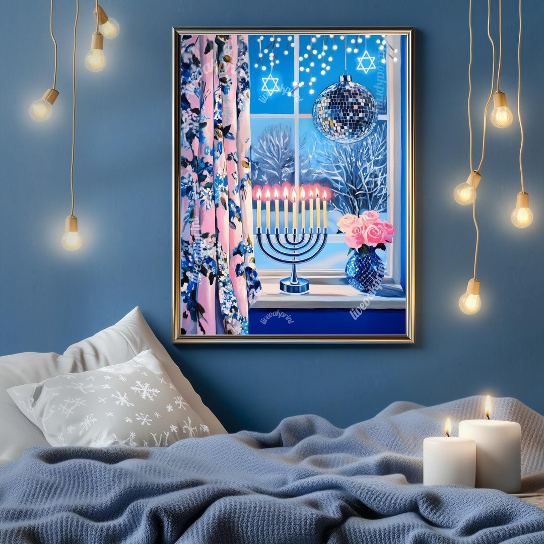 Cute and Cozy Hanukkah Window Print - Menorah & Disco Ball | Star of ...