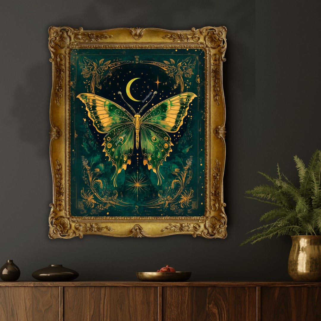 Mystical Emerald Green Vintage Butterfly Print - Crescent Moon Art ...