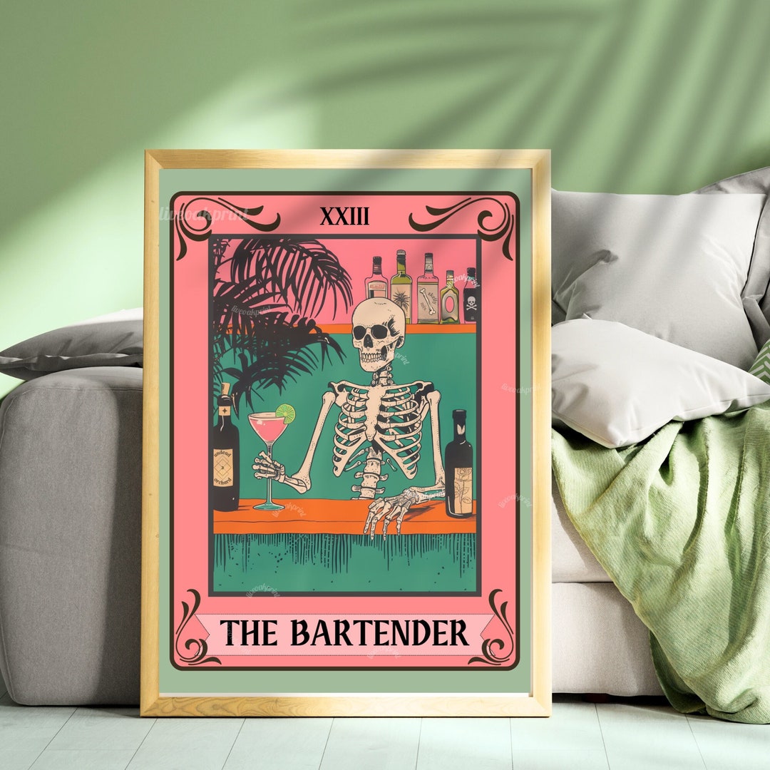 The Bartender Tarot Card Print - Skeleton Wall Art - Bar Cart Art ...
