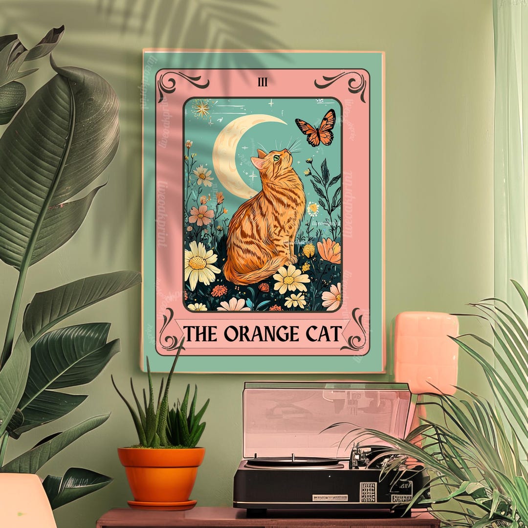 Orange Cat Art Print – Ginger Cat Wall Decor Witchy Botanical Cat ...