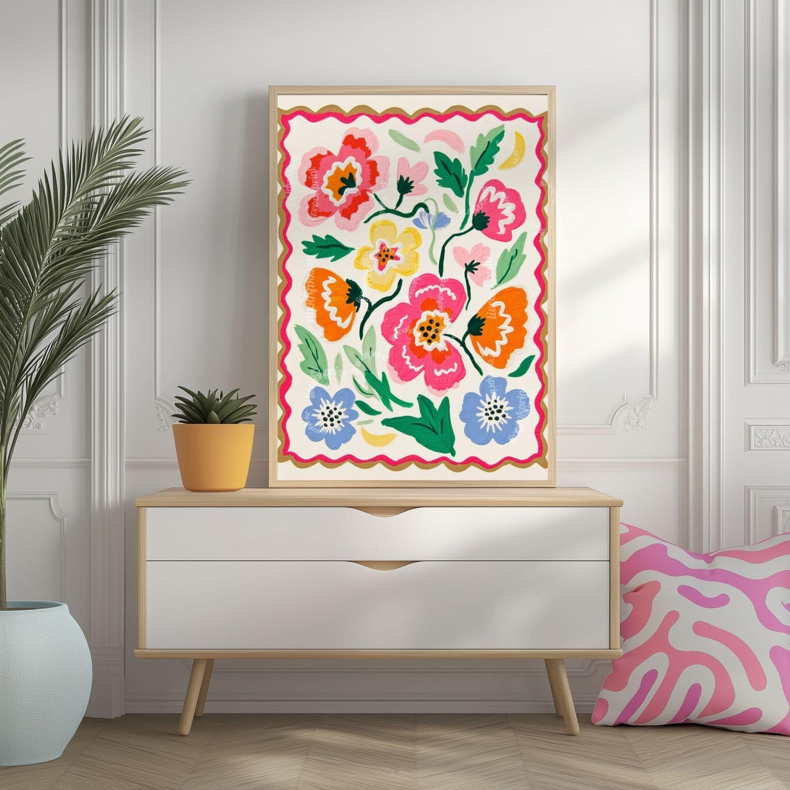 Pastel Floral Wall Art - Colorful Floral Print – Retro Pastel Folk Art ...