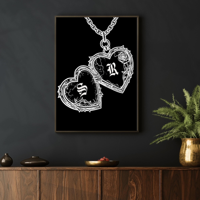 Gothic Couple Locket Print - Personalized Valentine Gift for Him Dark ...