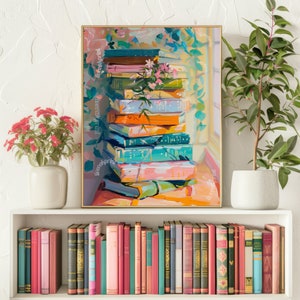 Pastel Stack of Books Print - Cottagecore Book Print - Cozy Library ...