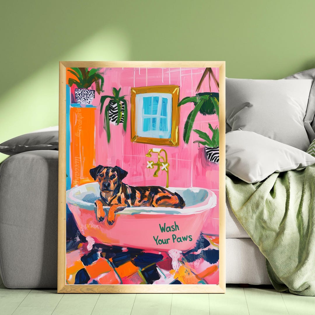 Wash Your Paws Dog Print - Brindle Mutt Dog in Bathtub Art - Boho ...
