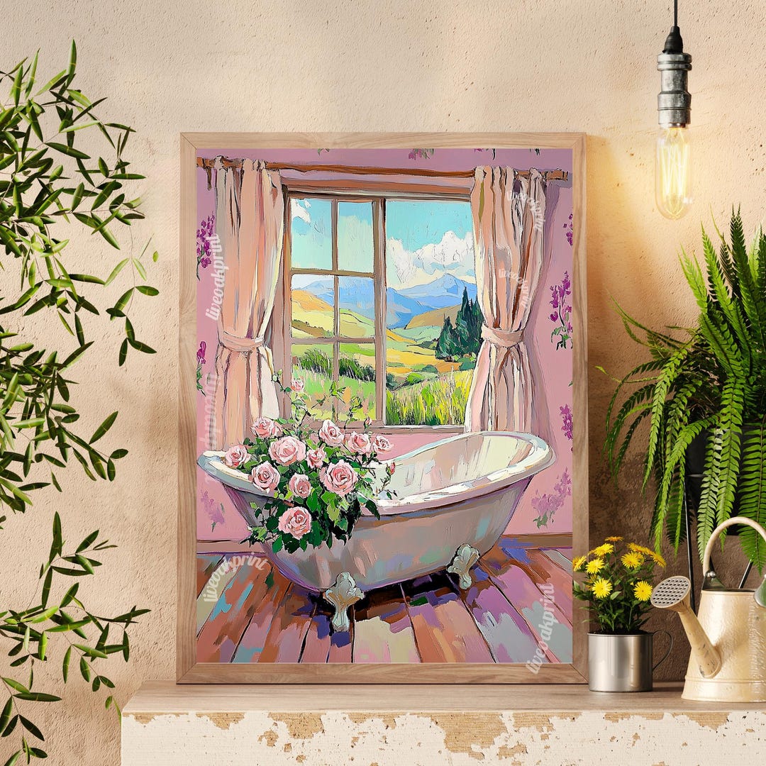 Rose Bathtub Wall Art - Blush Pink Floral Bathroom Print - Pastel ...