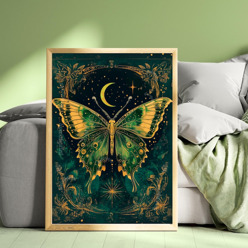 Mystical Emerald Green Vintage Butterfly Print - Crescent Moon Art ...